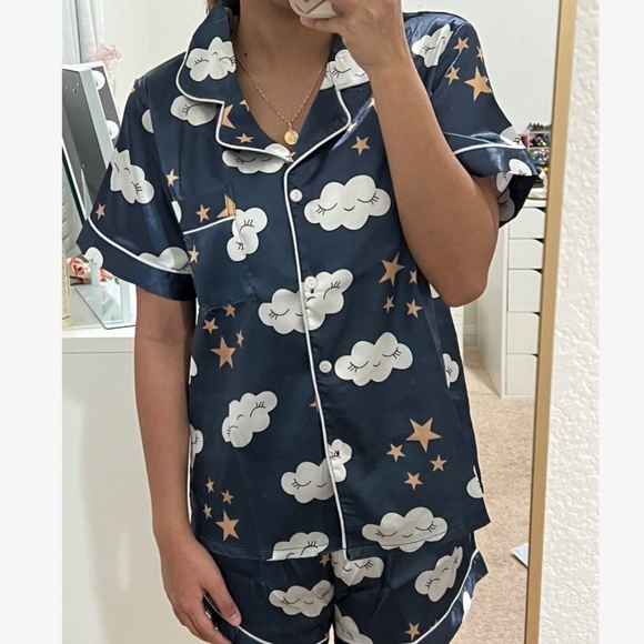 Intimates & Sleepwear | Cozy Light Blue Satin Smiley Star Print Button ...